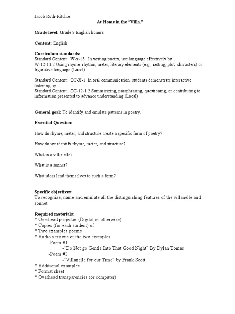 villanelle | Poetry | Rubric (Academic)