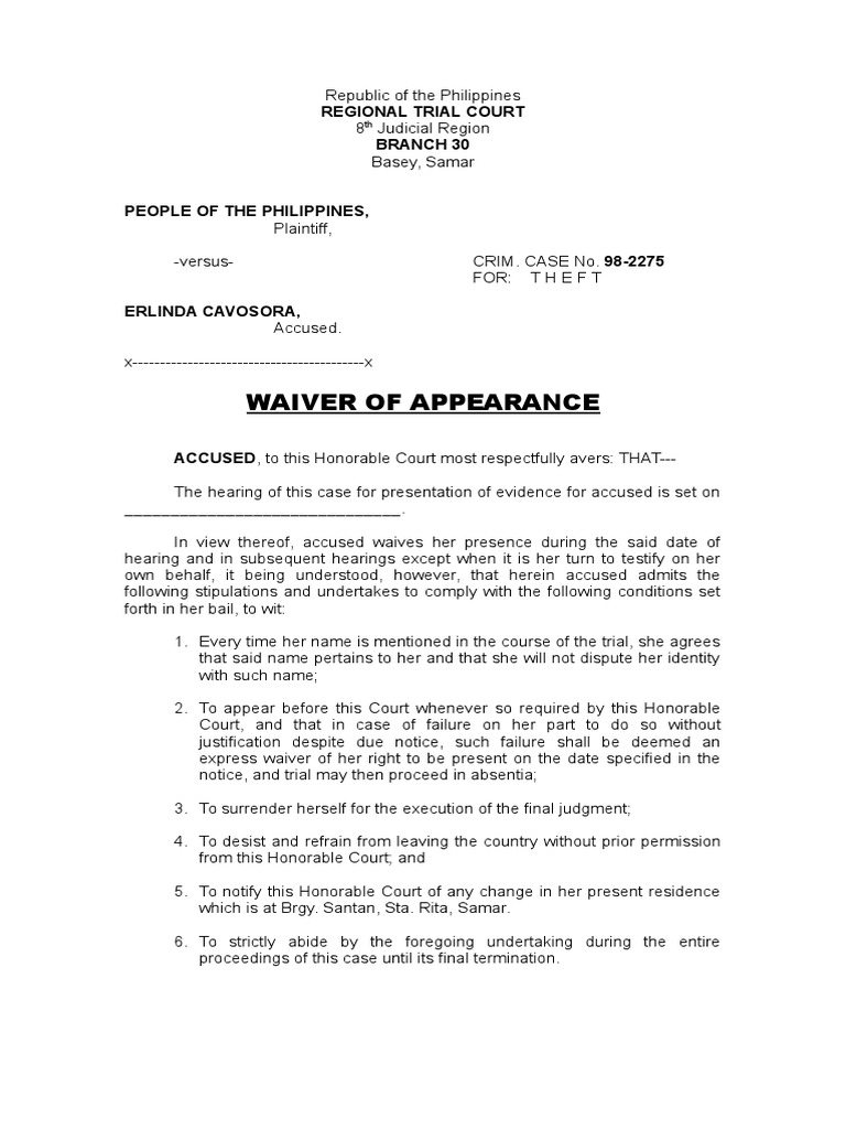 Waiver of Appearance in Theft Case | PDF