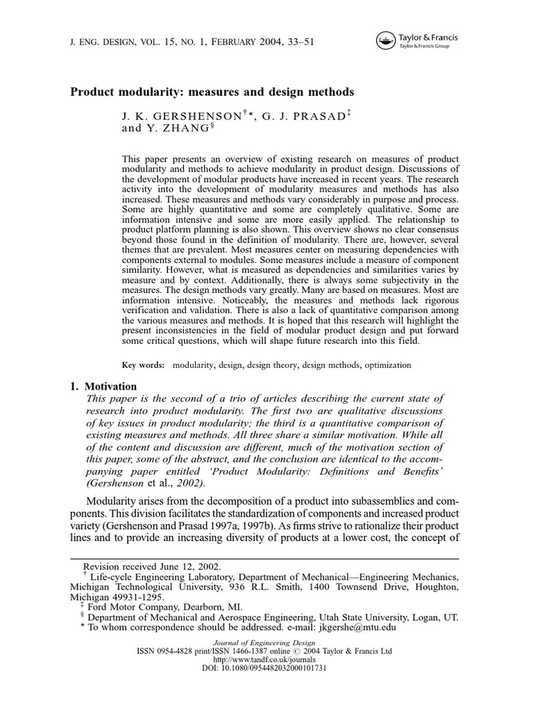 Product Modularity Measures And Design Methods Pdf Modularity