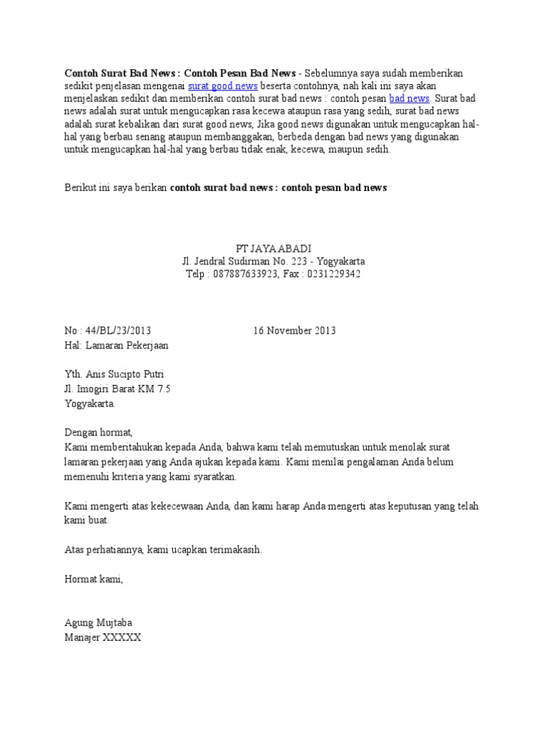 Contoh Surat Bad News | PDF