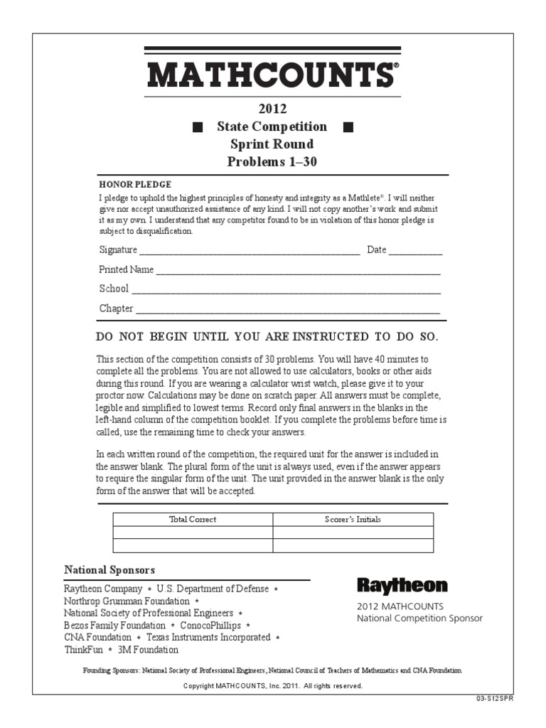 Mathcounts: 2012 State Competition Sprint Round Problems 1-30 | PDF