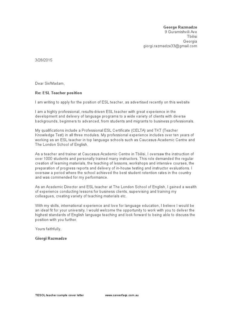 TESOL Teacher Sample Cover Letter WWW - Careerfaqs.com - Au | PDF ...