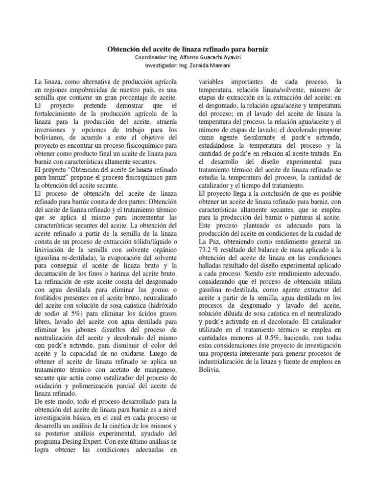 Obtención Del Aceite de Linaza Refinado para Barniz PDF | PDF ... Obtención Del Aceite de Linaza Refinado para Barniz PDF | PDF ...