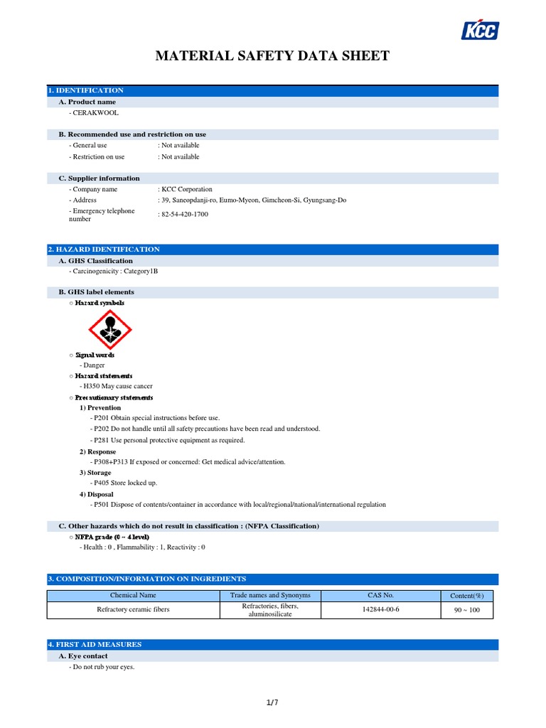 KCC Msds Cerakwool (RCF) (GHS) (Eng) | PDF | Personal Protective ...
