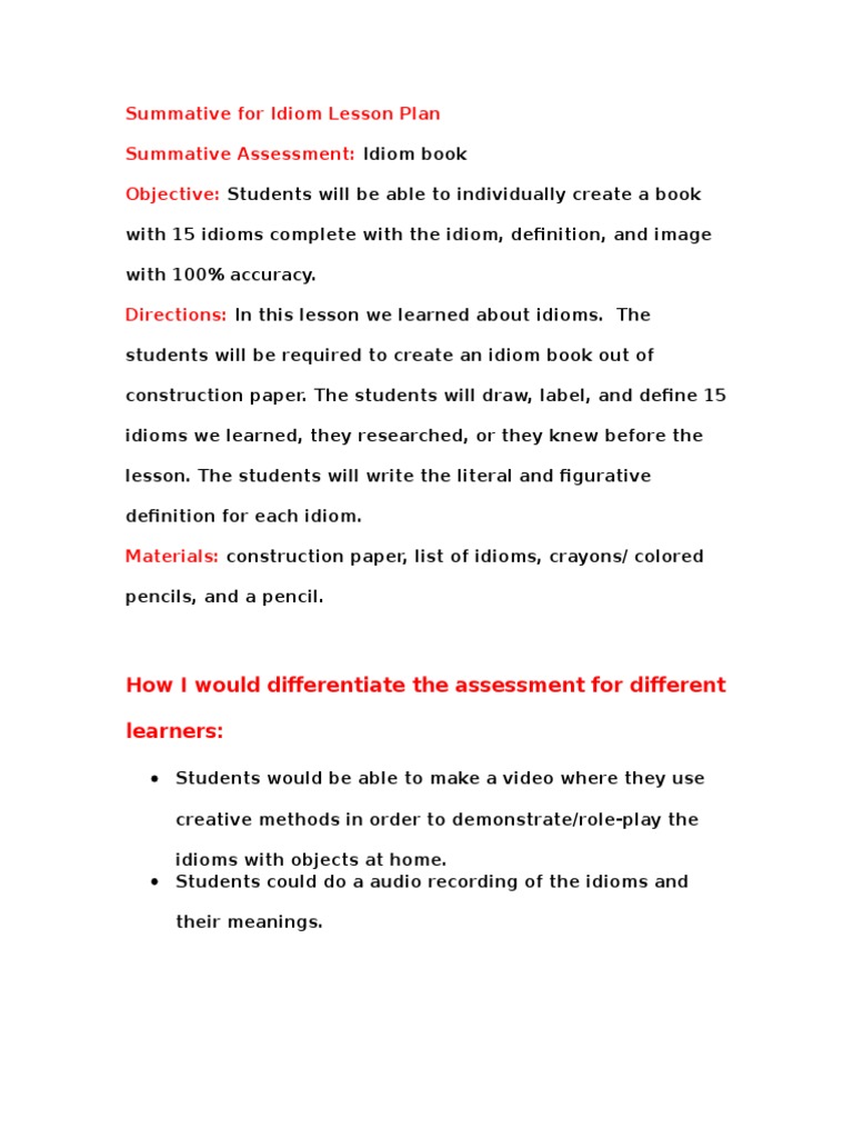 Summative For Idiom Lesson Plan Summative Assessment: Objective | PDF
