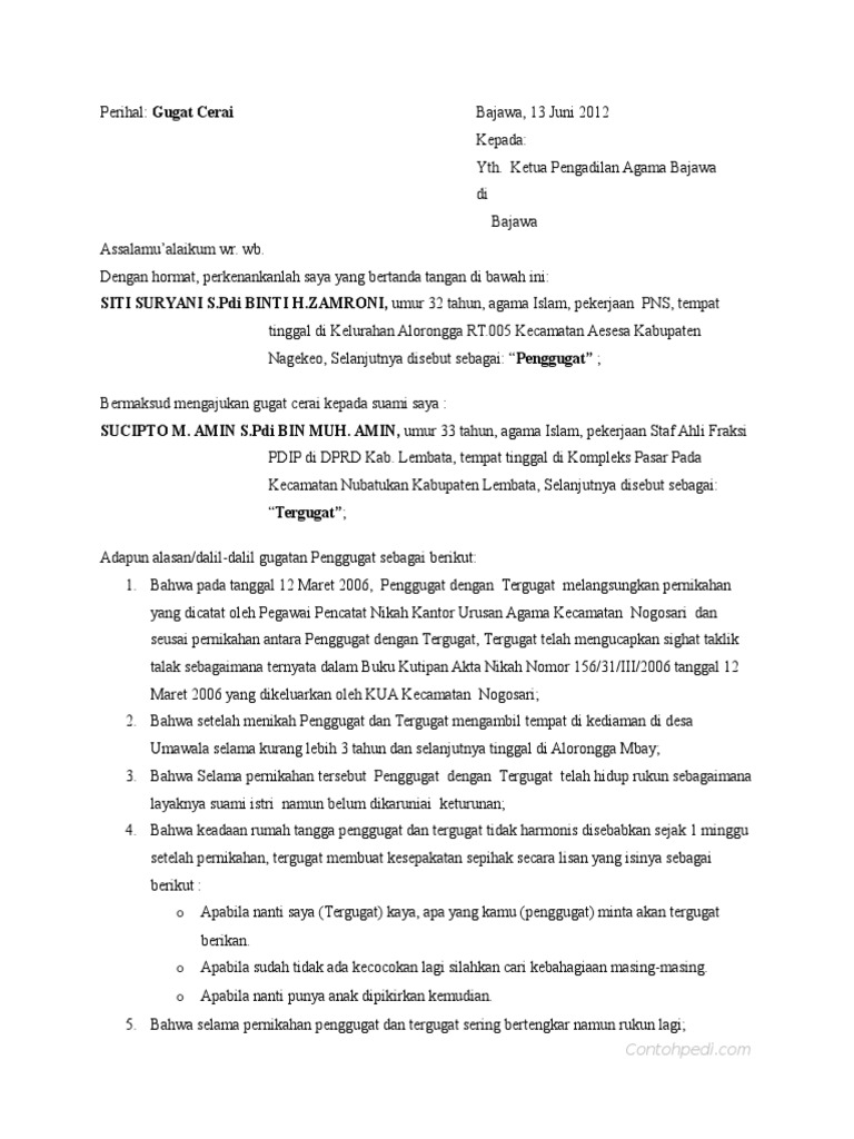 Contoh Surat Gugatan Cerai | PDF