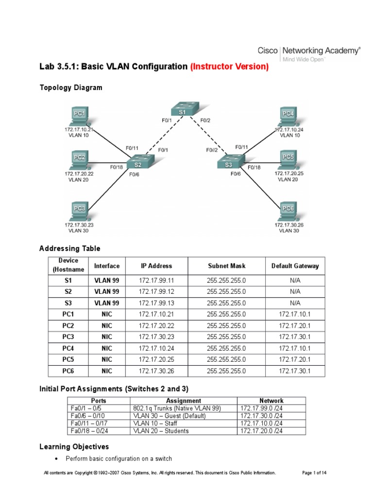 Lab 3.5.1: Basic VLAN Configuration: (Instructor Version) | PDF | Cisco Certifications | Network ...