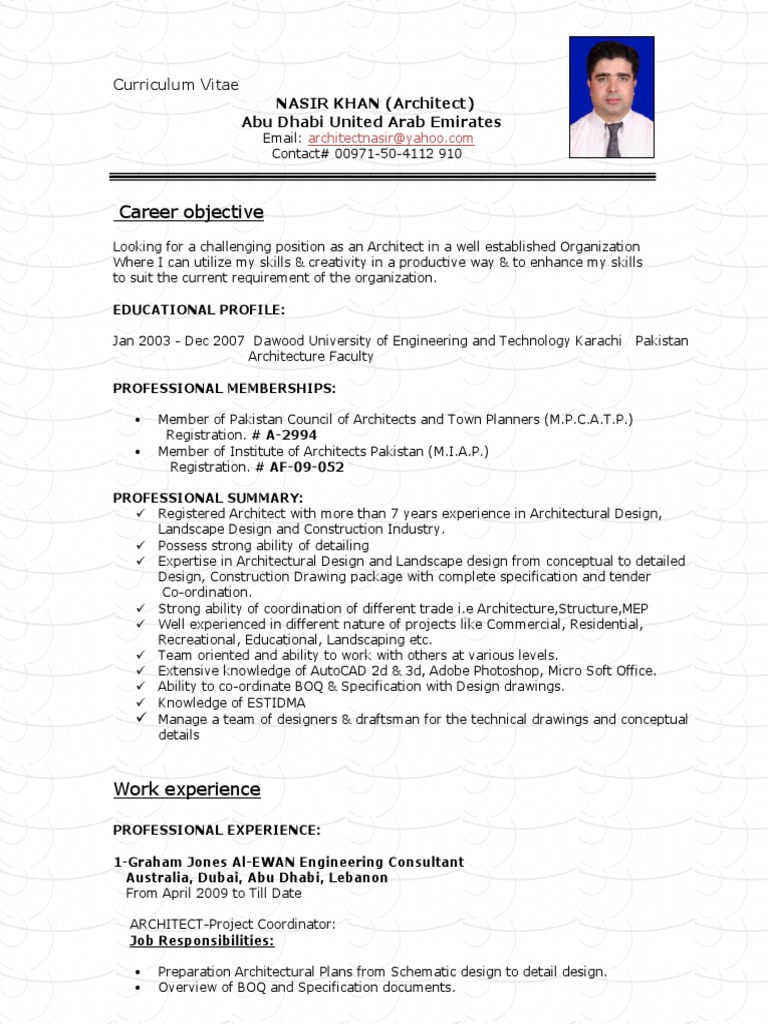 Architect Curriculum Vitae | Architect | Karachi