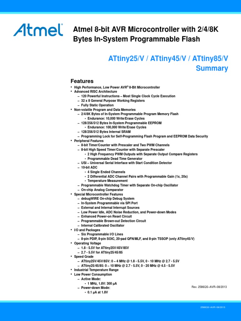 AVR 8 Bit Microcontroller ATtiny25 ATtiny45 ATtiny85 Datasheet | PDF ...