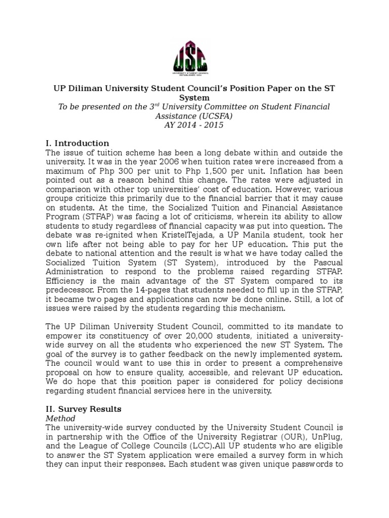 UPD USC Position Paper On The ST System | PDF | College | Tuition Payments