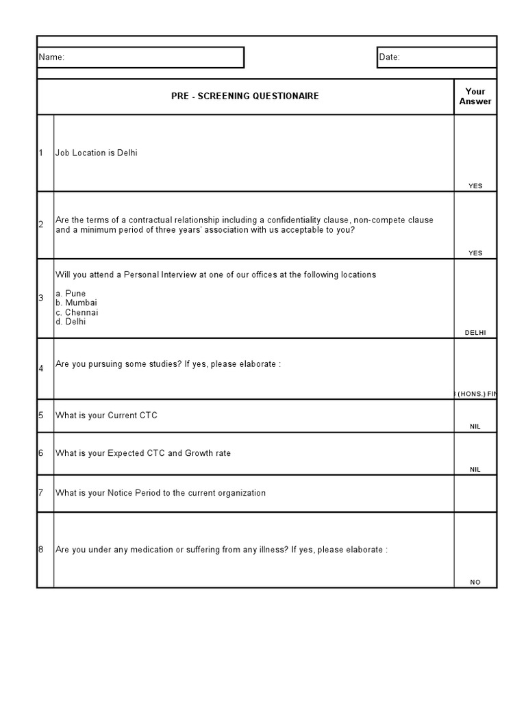 Pre - Screening Questionaire Your Answer | PDF