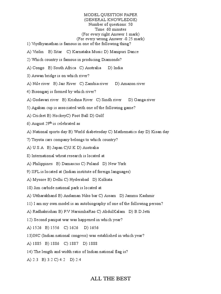 GK Question Paper for 50 Marks | Indian National Congress