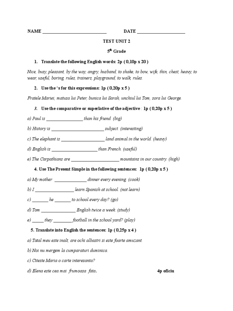 Test Paper 5th Grade | PDF