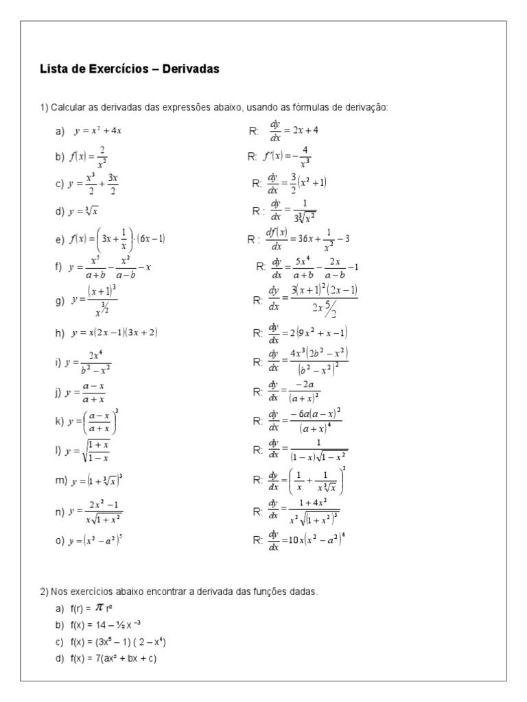 Exercicios Derivadas | PDF | Velocidade | Movimento (Física)