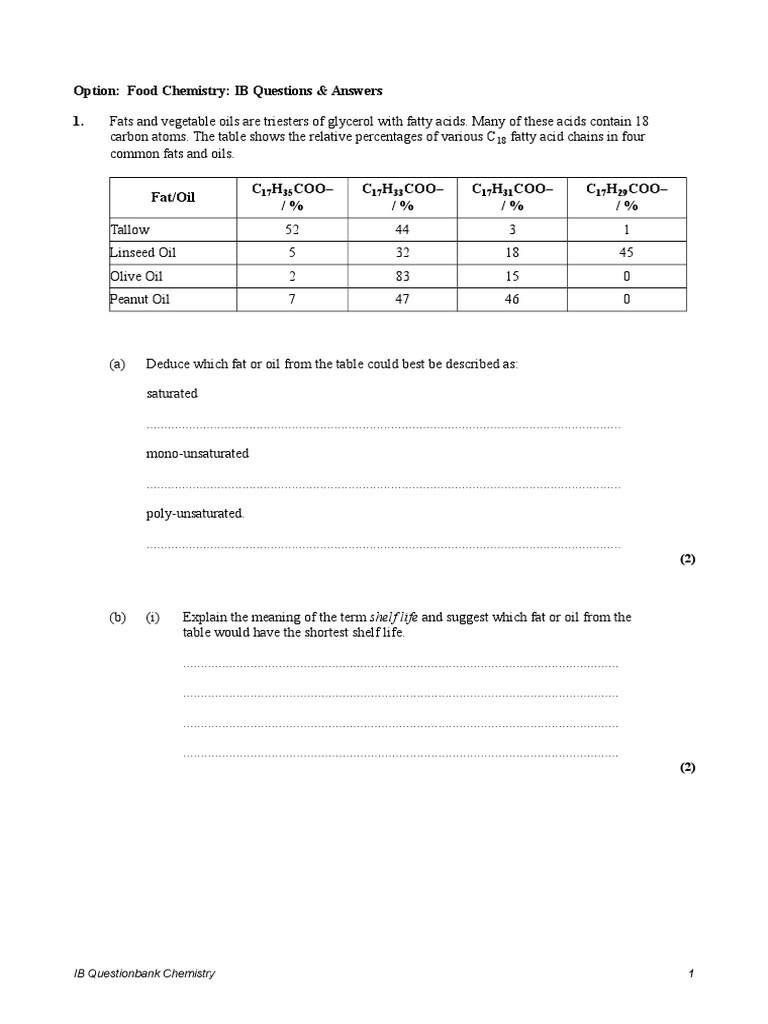 Food Chemistry-IB Exam Questions | PDF | Fat | Trans Fat