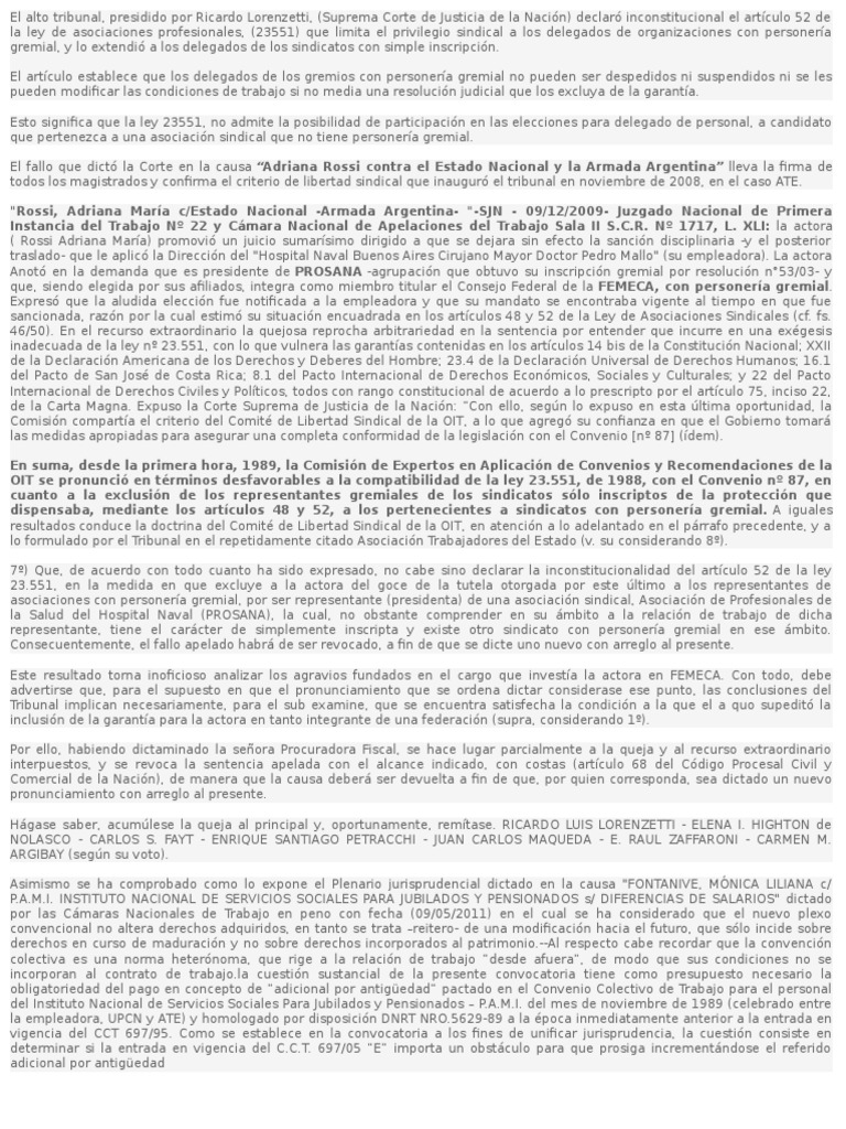 Inconstitucionalidad del Artículo 52 de la Ley 23551 | PDF | Derecho ...