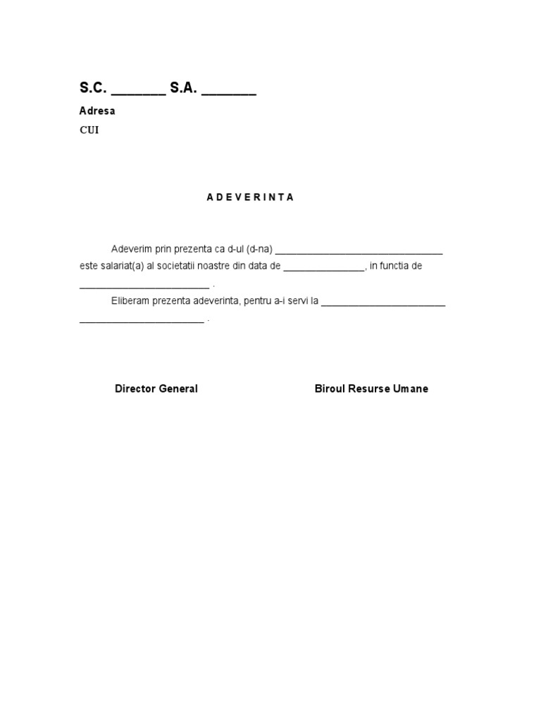 Adeverinta Salariat - Model | PDF