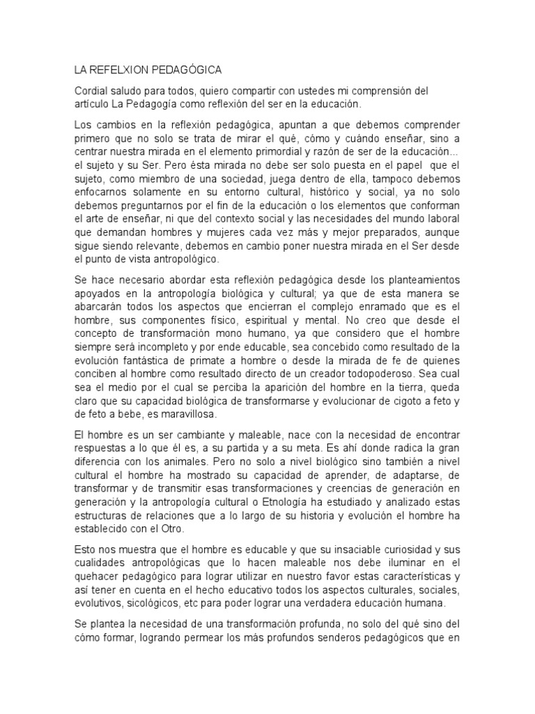 Comprensión La Pedagogía Como Reflexión Del Ser en La Educación ...