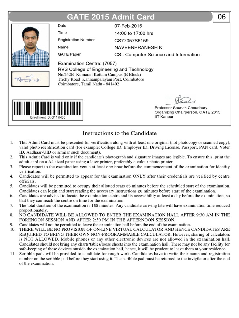 GATE 2015 Admit Card for Naveenpranesh K for the Computer Science and Information paper on ...