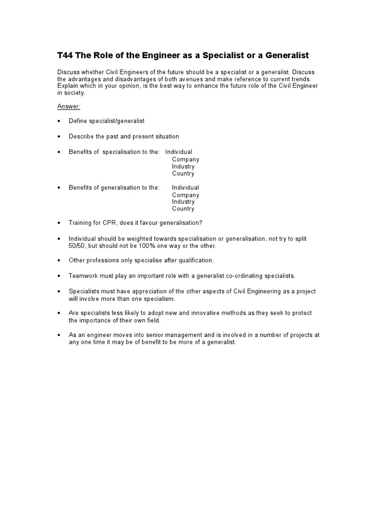 Future Roles of Engineers: Specialists vs. Generalists | PDF | Expert ...