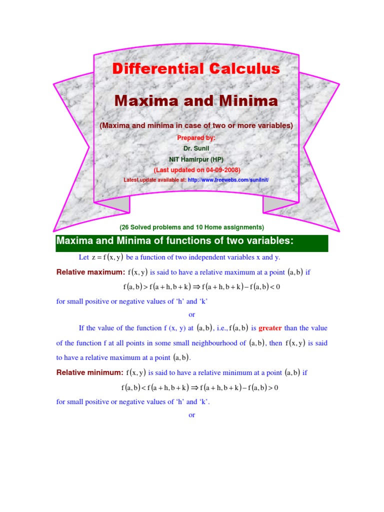 Maxima and Minima in Case of Two or More Variables | PDF | Maxima And ...
