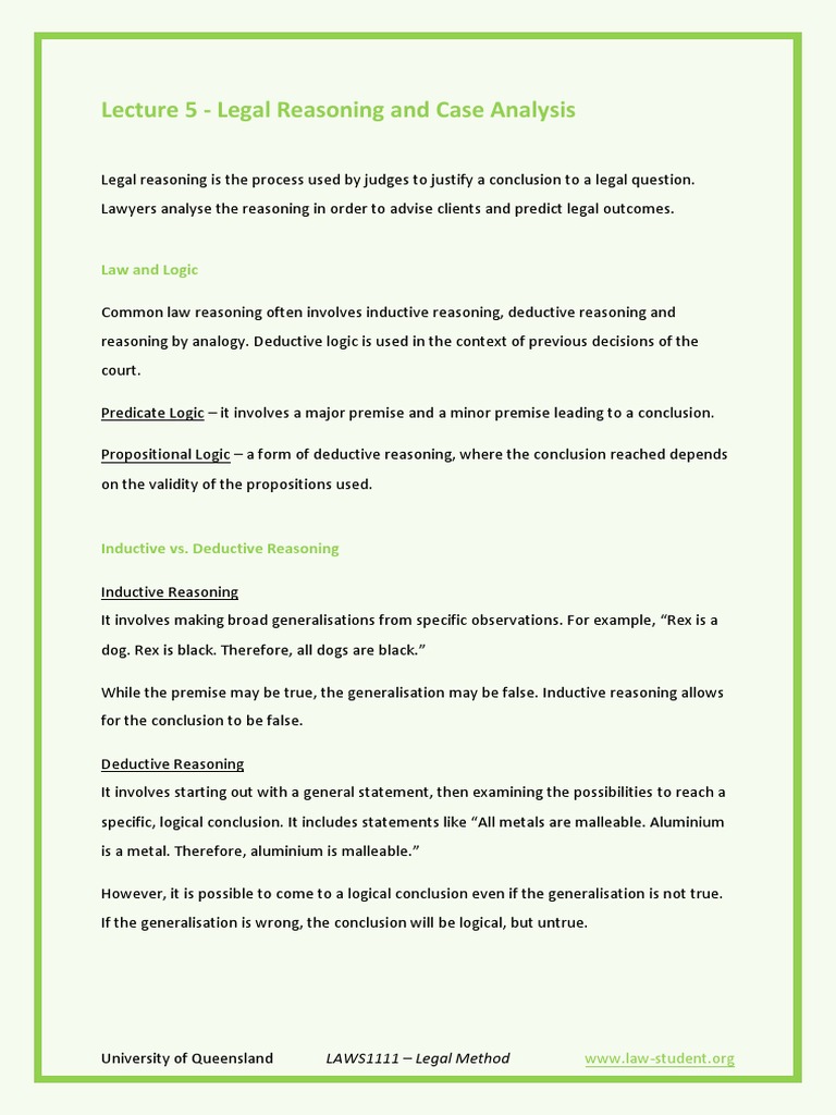 LAWS1111 Lecture 5 - Legal Reasoning and Case Analysis | PDF ...