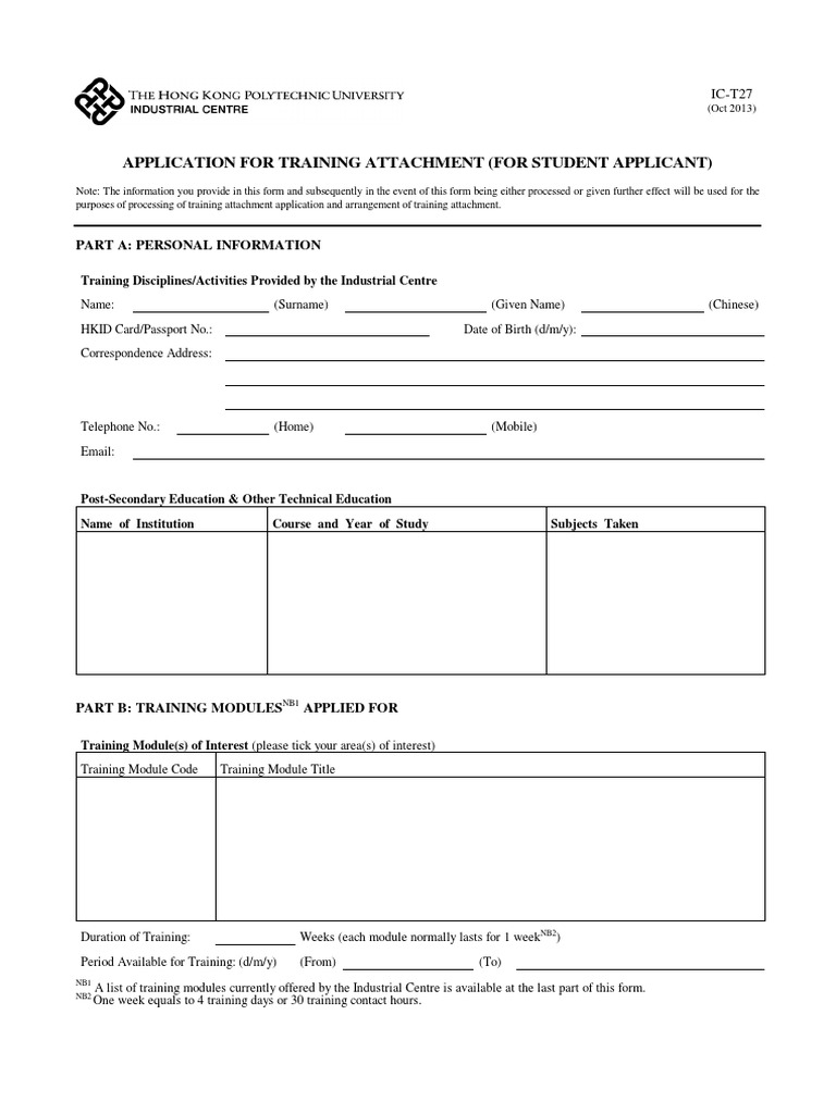IC-T27 Training Attachment Application (Student Applicant) | PDF ...