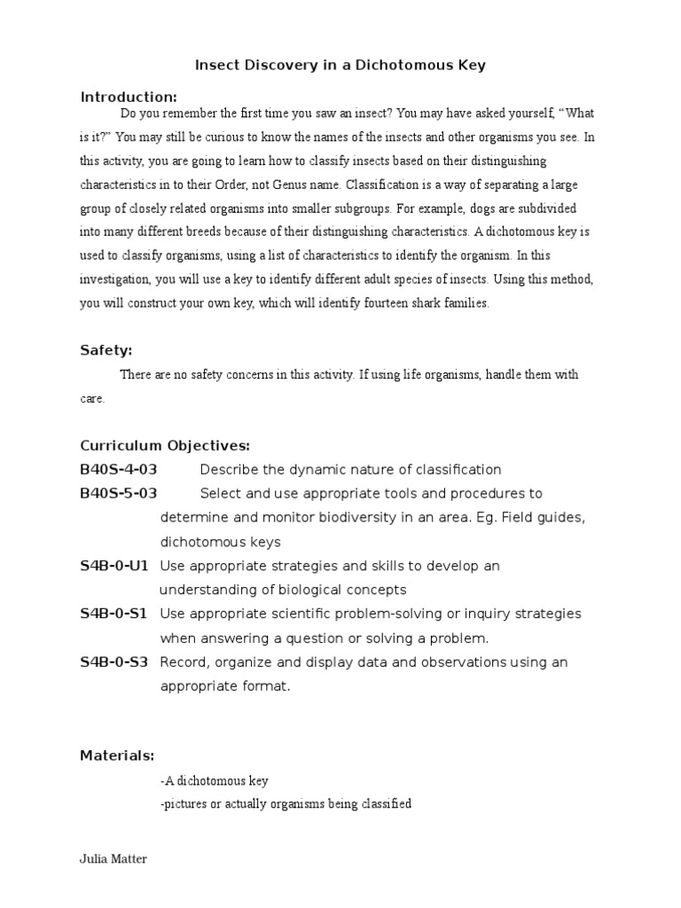 Using Dichotomous Keys For Biology - Experimental Skill and ...