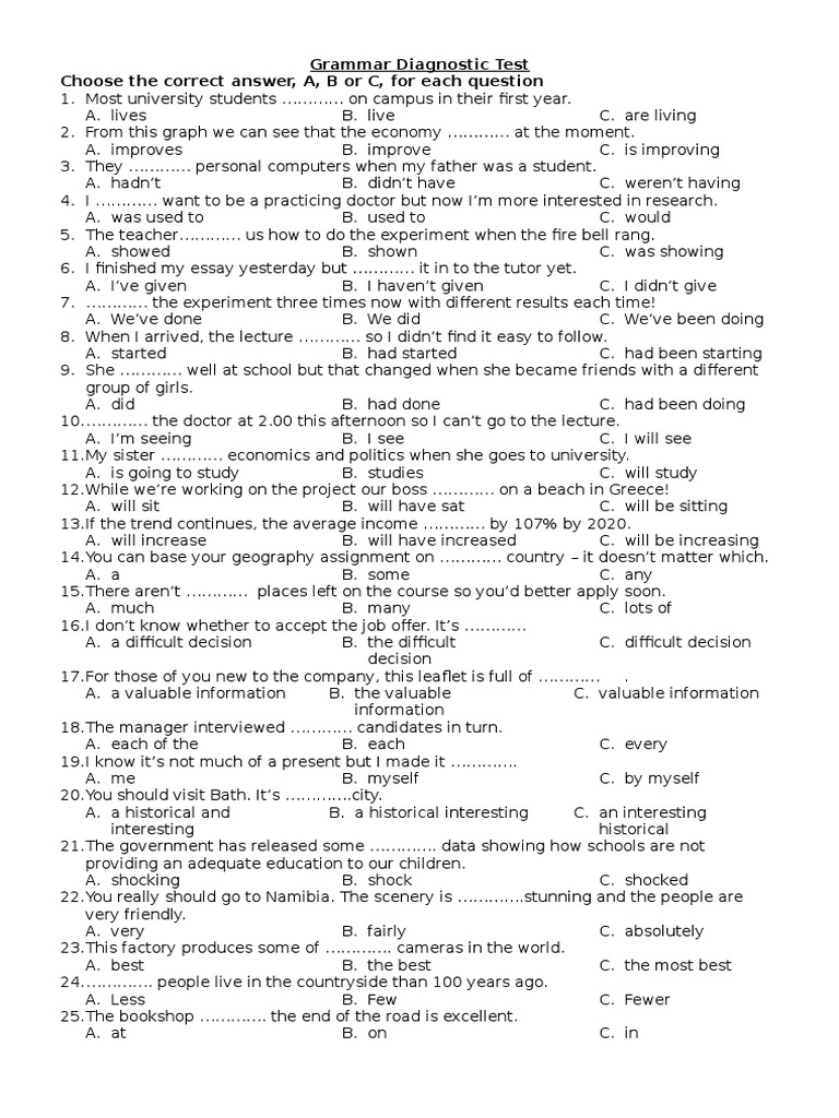 Grammar Diagnostic Test Questions | PDF | Career & Growth | Sports ...