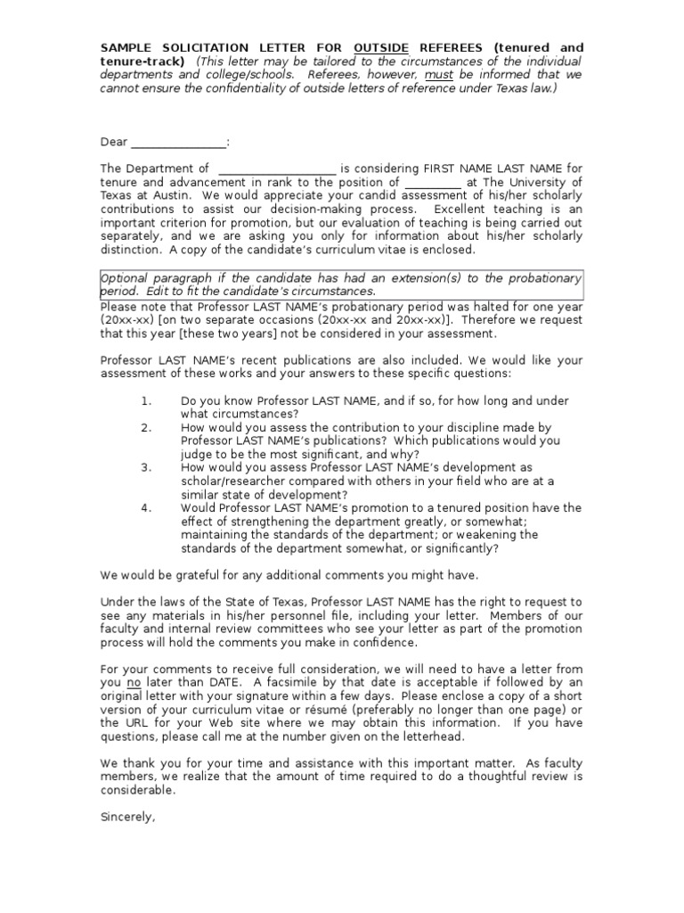 Sample Solicitation Letter For Outside Referees (Tenured and Tenure ...