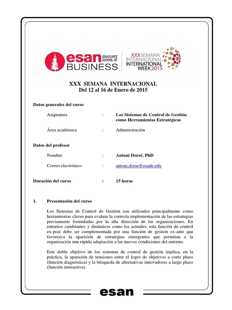 Syllabus Los Sistemas de Control de Gestion - Prof. Dorse - ELEC-InT15!1!2 | PDF | Maestros ...