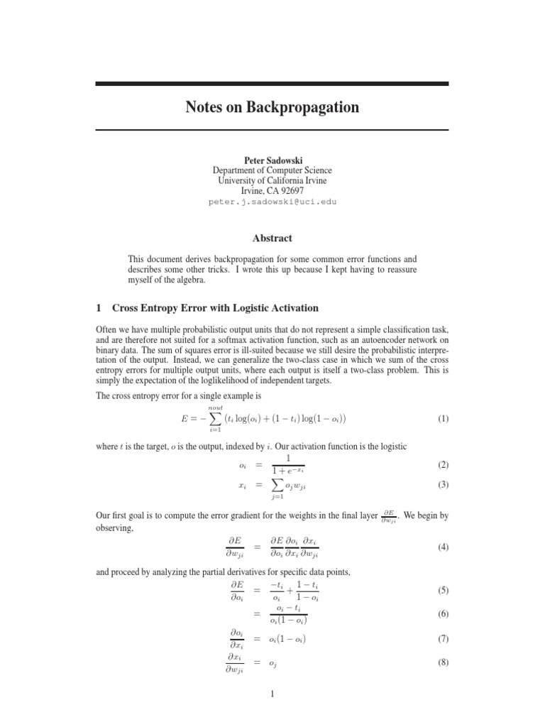 Notes On Backpropagation: Peter.j.sadowski@uci - Edu | PDF | Systems ...