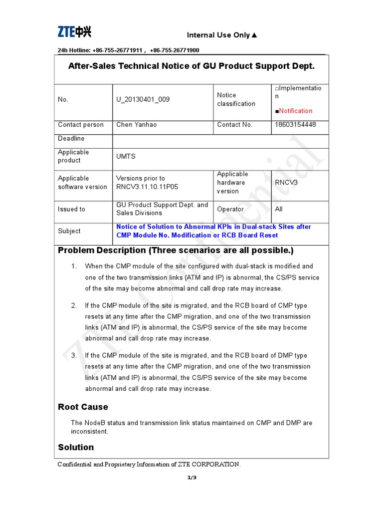 U - 20130401 - 009 (Notice of Solution To Abnormal KPIs in Dual-Stack ...