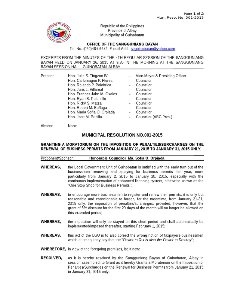 001-2015 Municipal Resolution - Moratorium Renewal of Business Permit ...