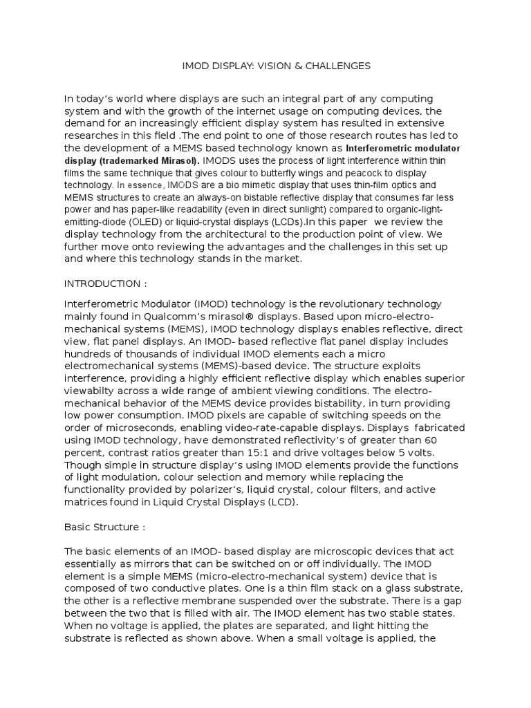 Interferometric Modulator Display (Trademarked Mirasol) .: - in Essence ...
