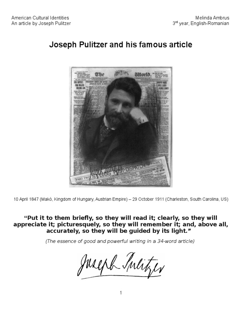 Joseph Pulitzer | PDF | Journalism | Newspaper And Magazine