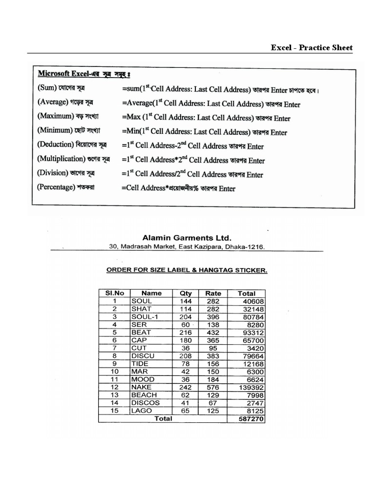 Excel Practice Sheet | PDF