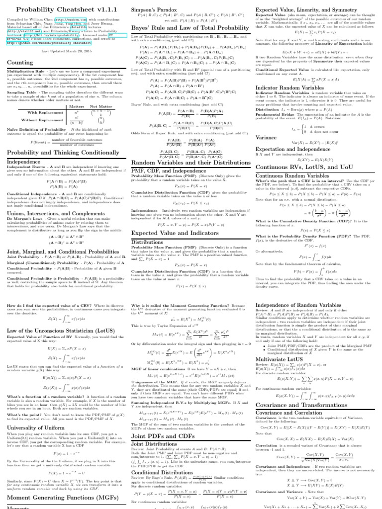 Probability Cheatsheet | Covariance | Normal Distribution