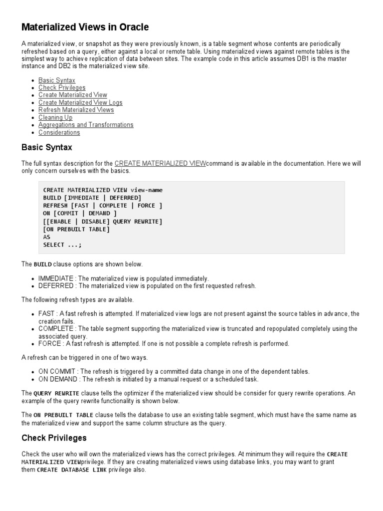 ORACLE-BASE - Materialized Views in Oracle | PDF | Databases ...