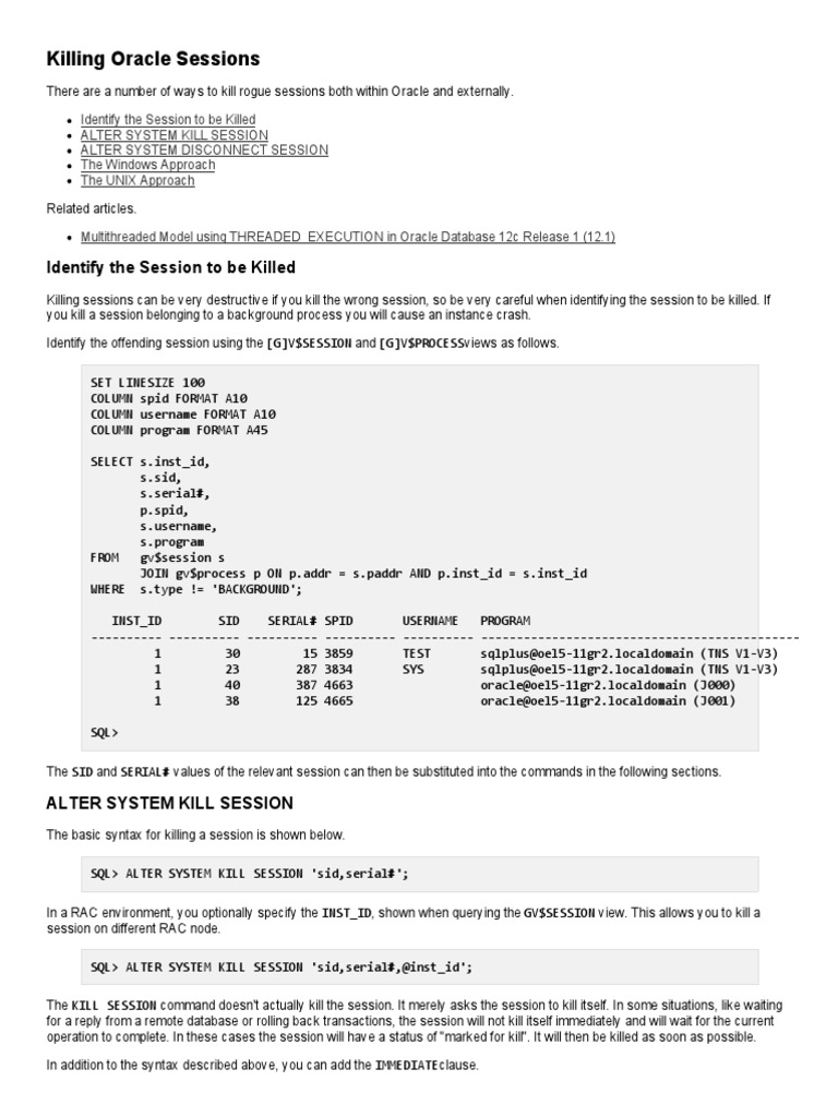 ORACLE-BASE - Killing Oracle Sessions | PDF | Oracle Database | System Software