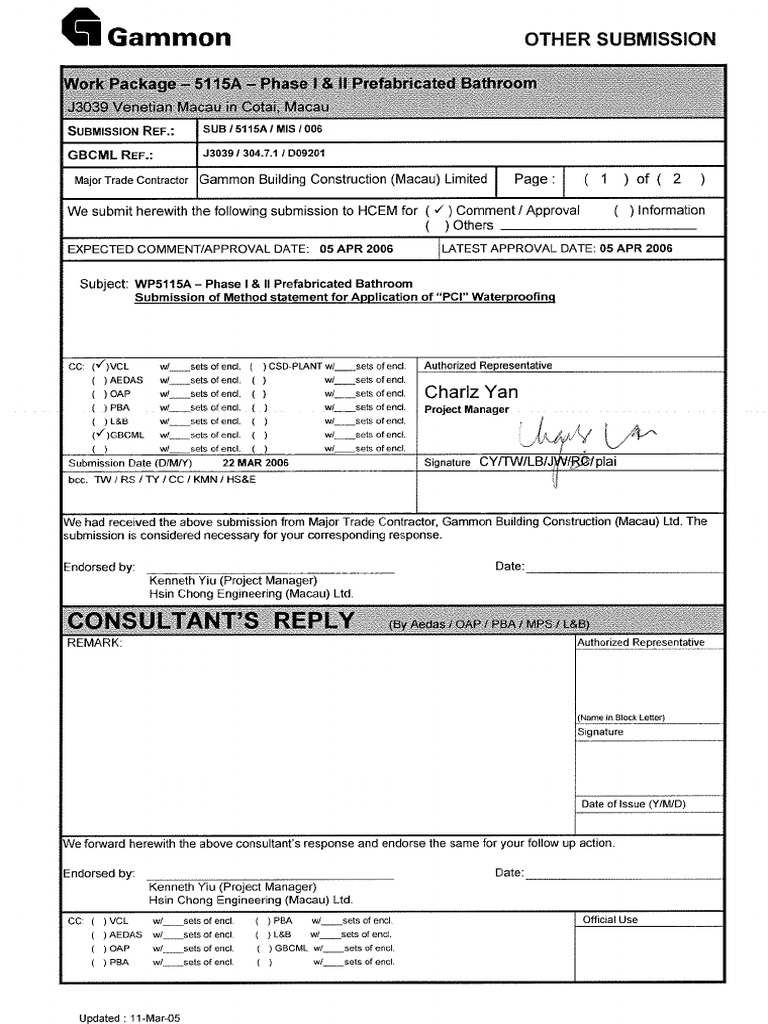 PCI Waterproofing Method Statement | PDF | Drywall | Safety