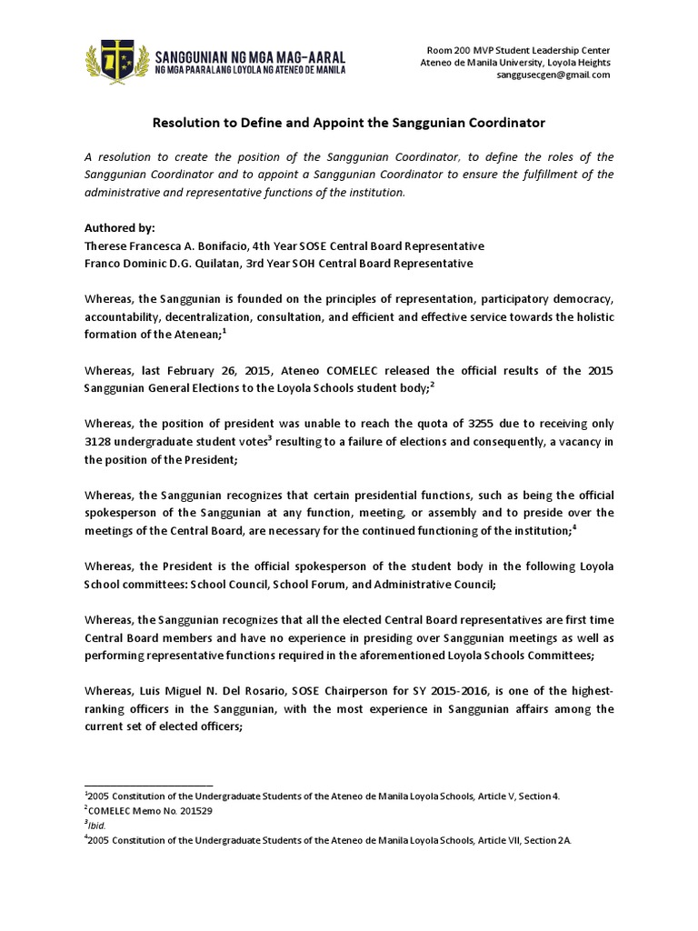 A Resolution to Define and Appoint the Sanggunian Coordinator | Public ...