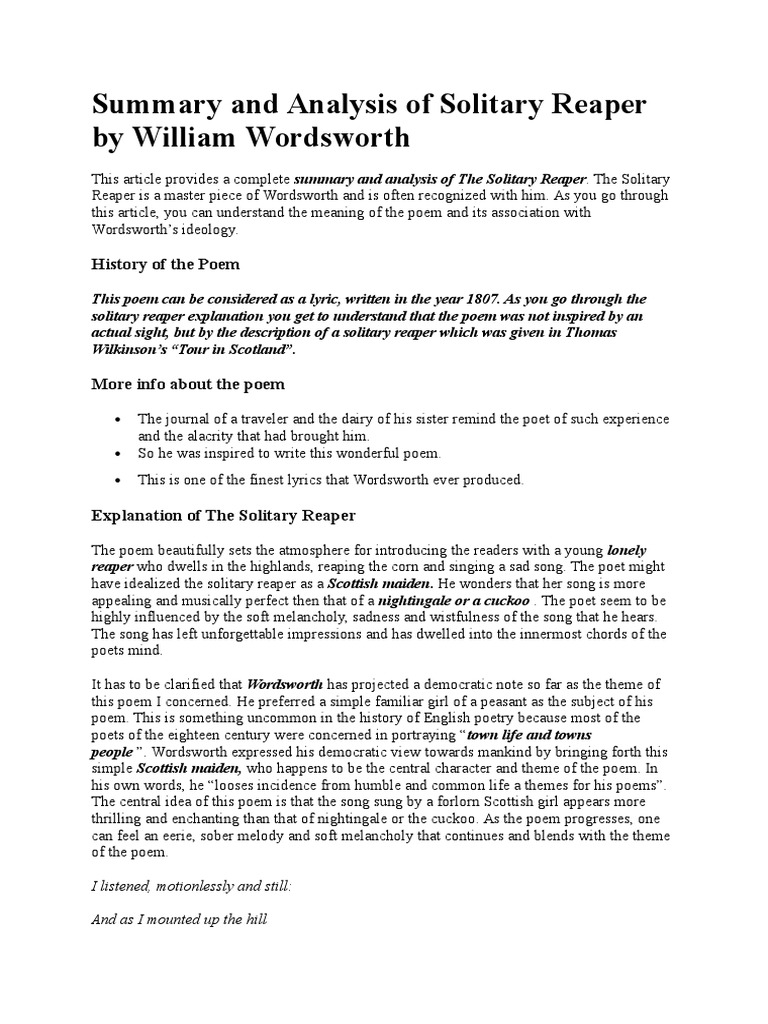 Summary and Analysis of Solitary Reaper by William Wordsworth | PDF ...