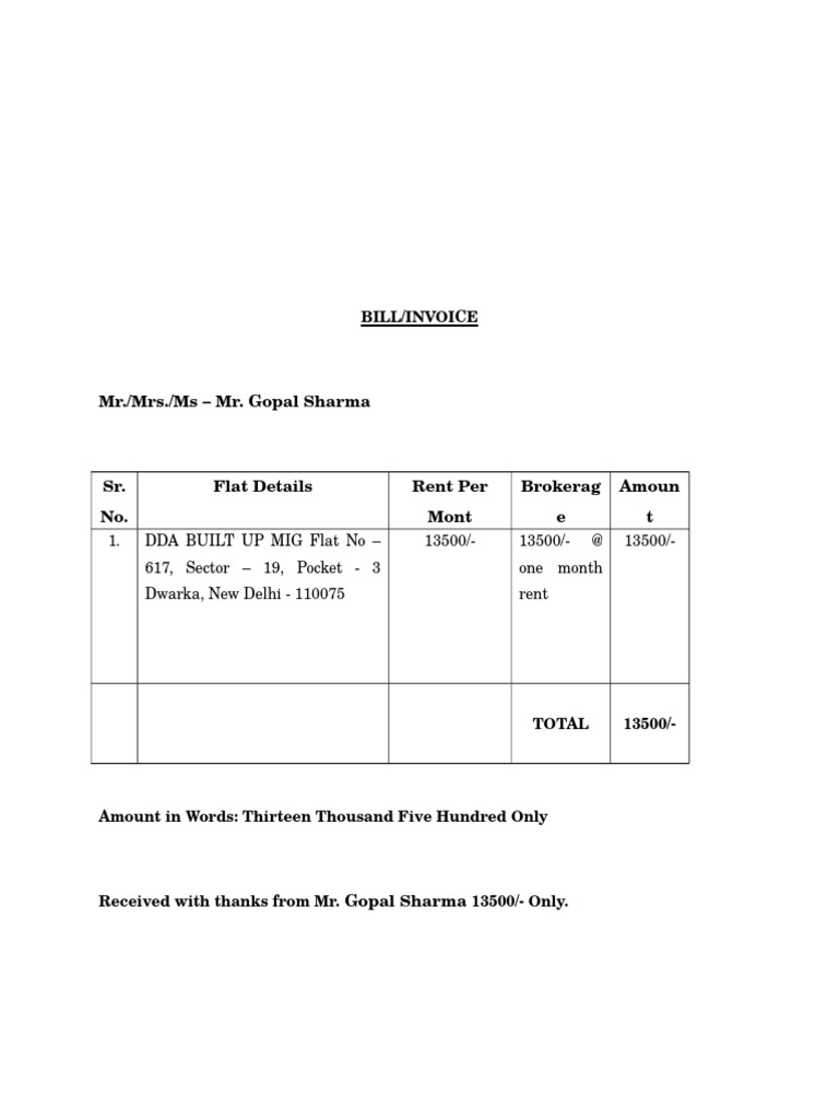 Invoice for Dwarka Flat Rent Payment | PDF | Finance & Money Management