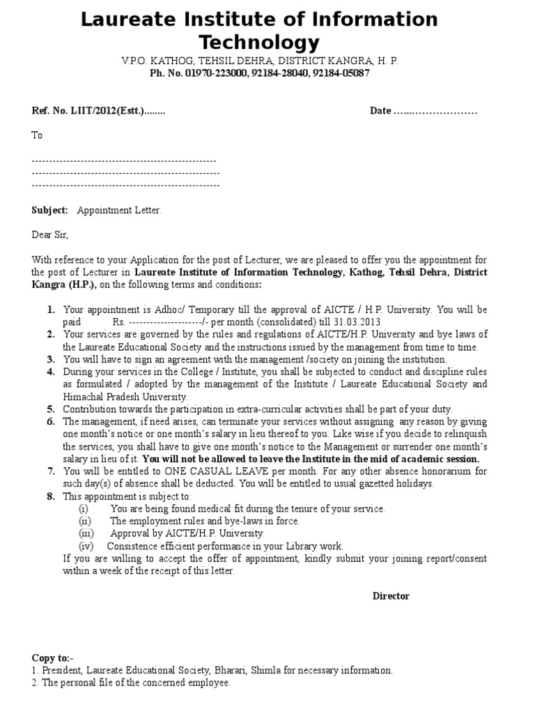 Appointment Letter For BCA & BBA | PDF | Lecturer | Employment