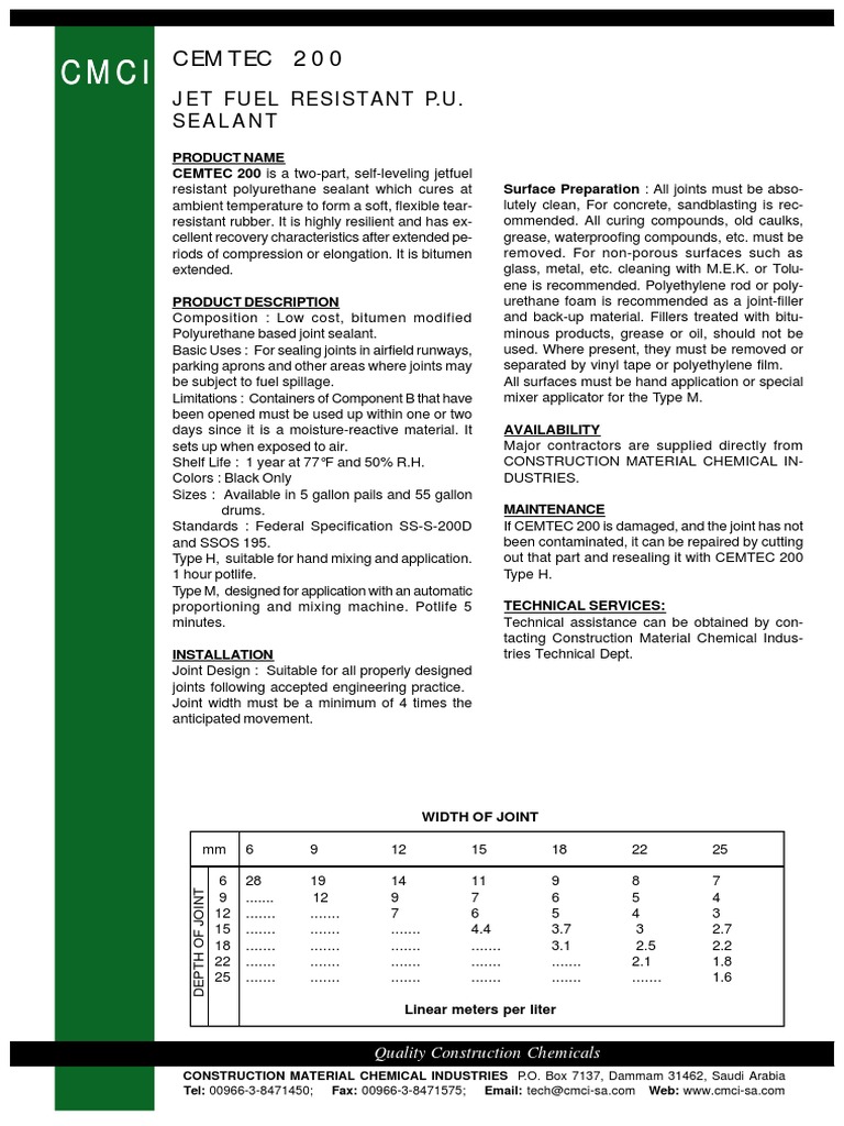 Cmci Cmci: Cemtec 200 | PDF | Asphalt | Polyurethane