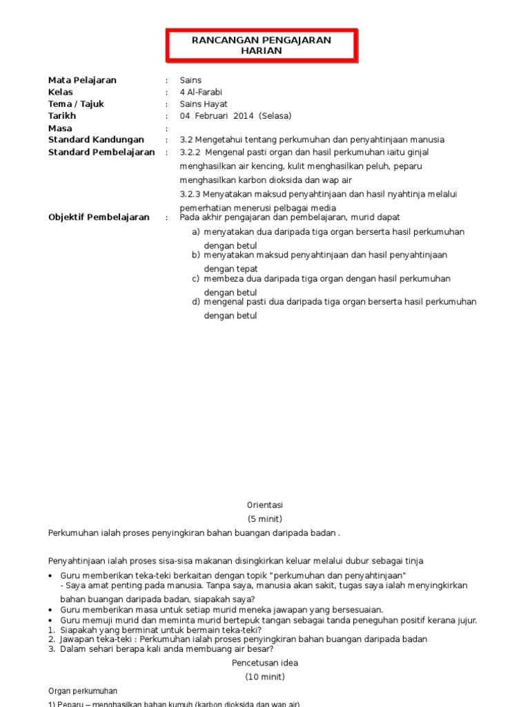 Rancangan Pengajaran Harian Sains Tahun 4 Topik Perkumuhan Dan