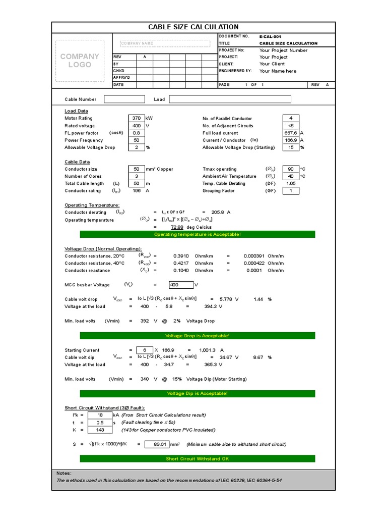 Company Logo: Cable Size Calculation | PDF | Cable | Electrical ...