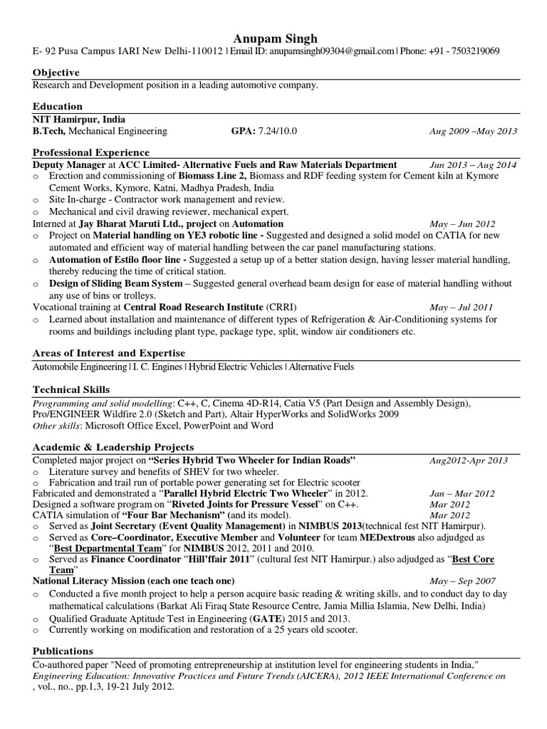 Anupam CV Us Style | PDF | Mechanical Engineering | Engineering