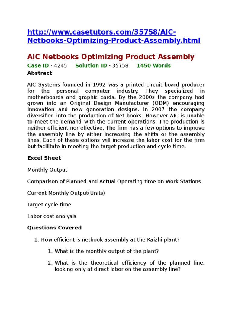 AIC Netbooks Assembly Optimization | PDF